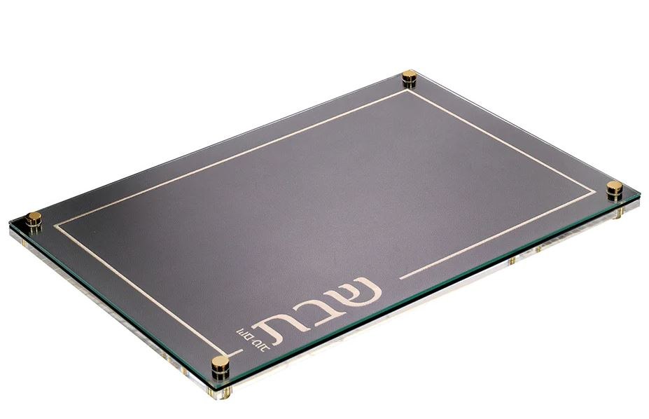 Lucite Challah Board Glass Top Embroidered Black Leatherette Gold ...