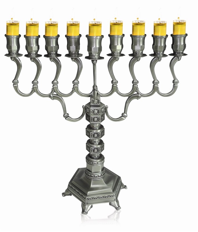 Metal Oil Menorah Hexagon Base Pewter 14" - The Judaica Place