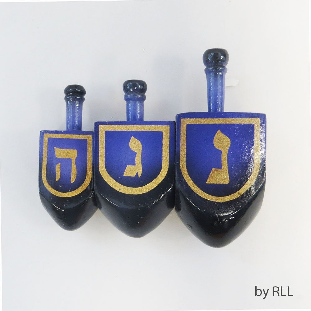 Wooden Dreidel Lacquered Blue 3 Piece Set - The Judaica Place
