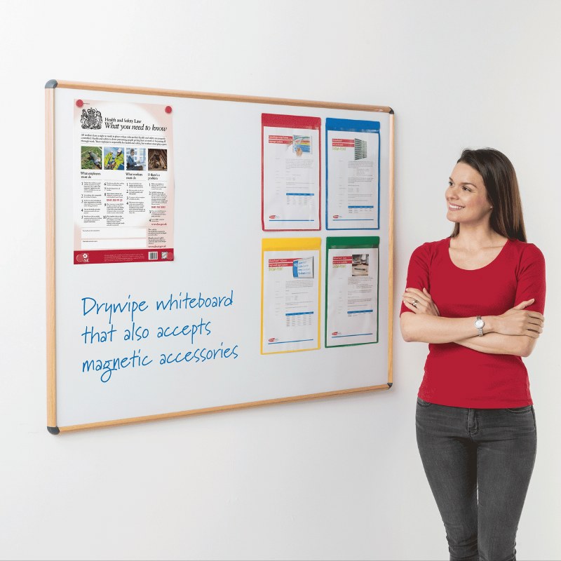 Shield Oak Effect Aluminium Frame Whiteboard - Boards Direct