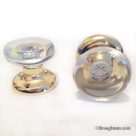 Acrylis Door Knobs on Brass Finish Rose - Broughtons Lighting & Ironmongery