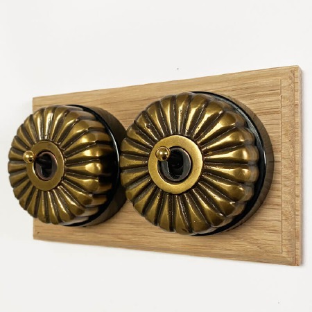 Fluted Round Dolly Light Switch on Wooden Base Antique Satin Brass 2 ...