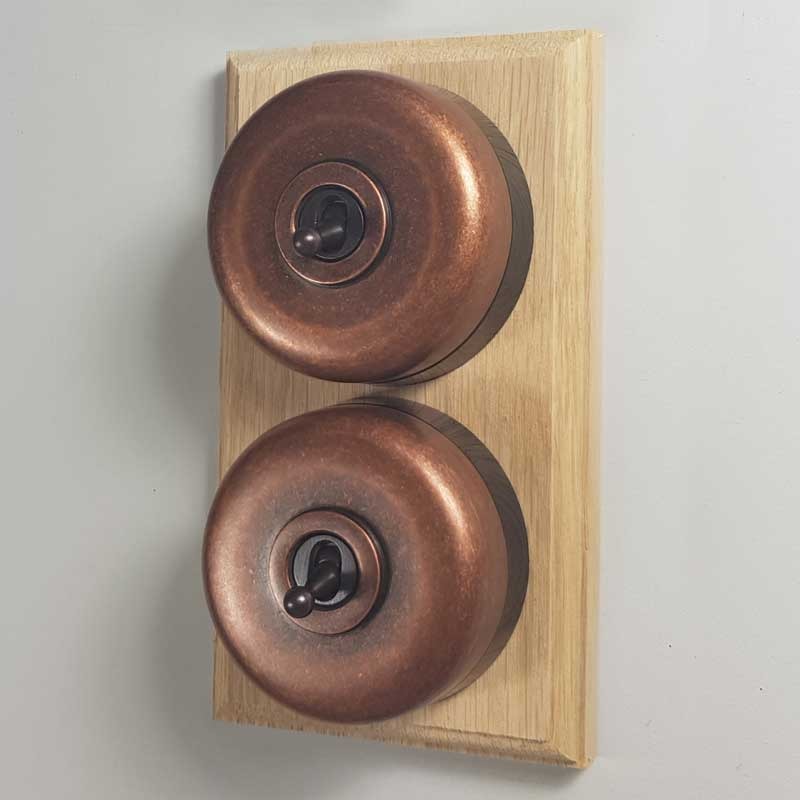 Round Dolly Light Switch on Wooden Base Antique Coppered 2 Gang ...