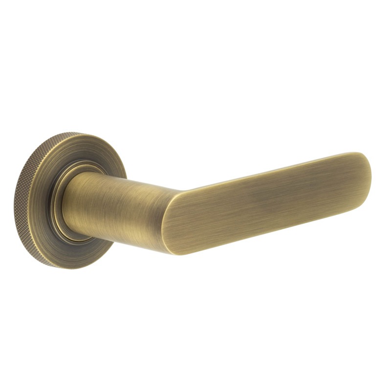 Kensington Door Handle on Knurled Rose Antique Brass Lacquered ...