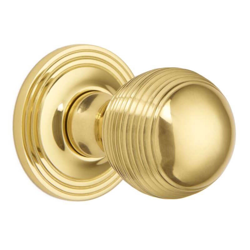 Reeded Covered Rose Door Knobs Polished Brass Unlacquered - Broughtons Lighting & Ironmongery