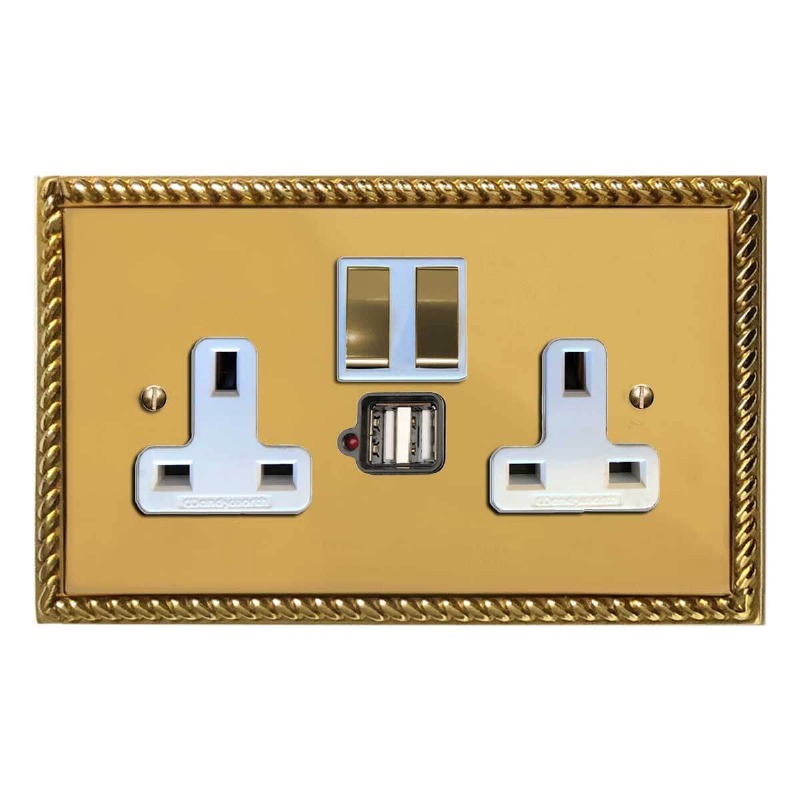 Georgian Switched Socket 2 Gang USB Polished Brass Lacquered & White ...