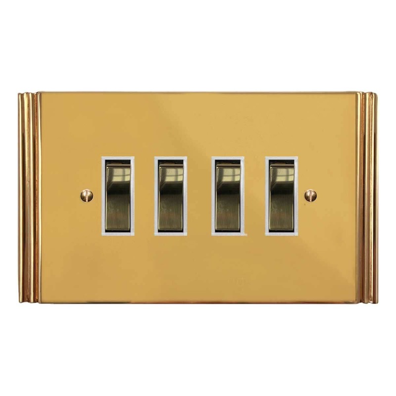 Plaza Rocker Light Switch 4 Gang Polished Brass Lacquered & White Trim ...