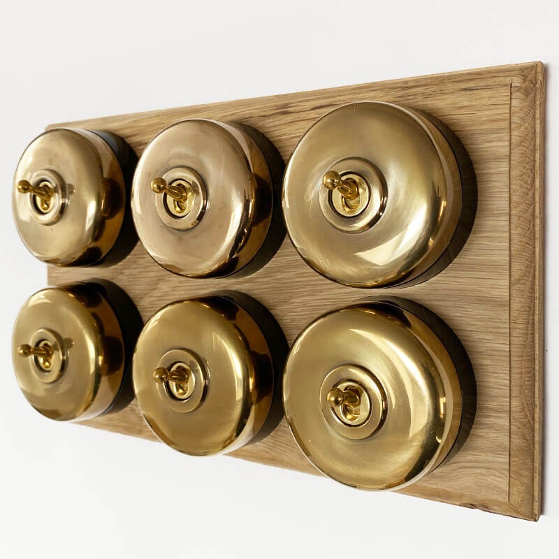 Round Dolly Light Switch on Oak Base 6 Gang Renovated Brass ...