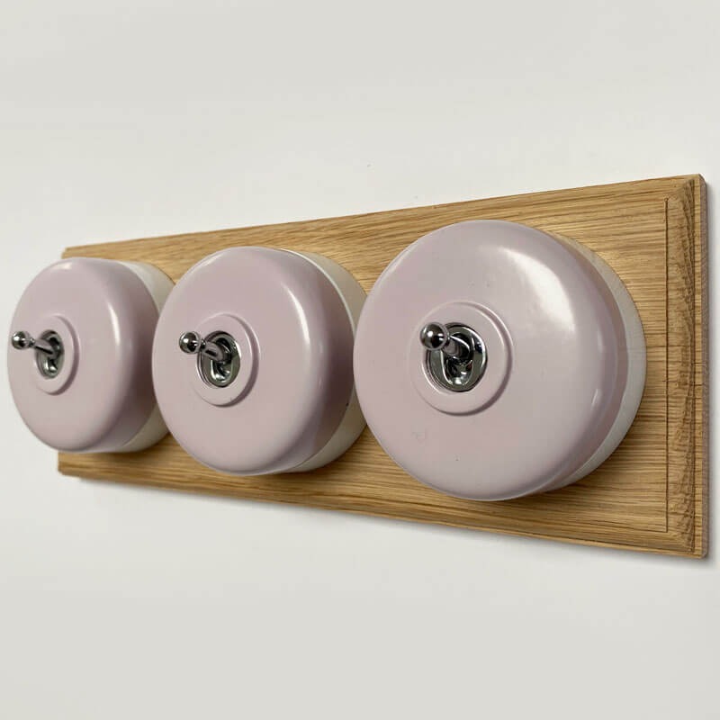 Round Dolly Light Switch 3 Gang Lilac on Oak Pattress with White Mount ...