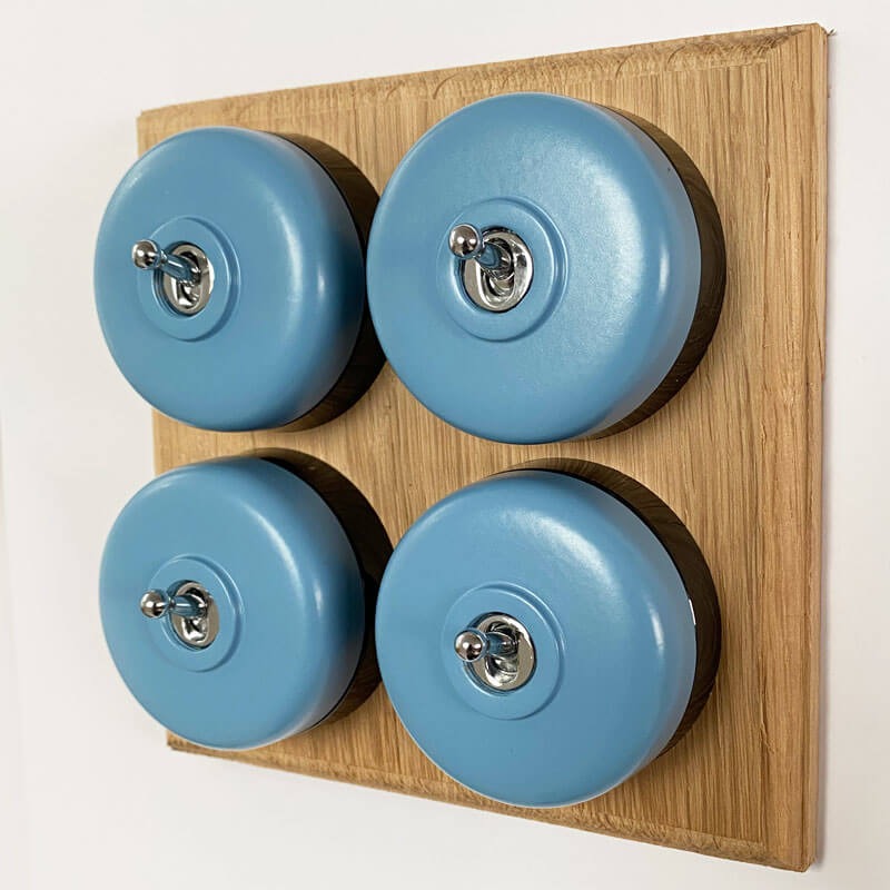 Round Dolly Light Switch 4 Gang Blue on Oak Pattress with Black Mounts ...