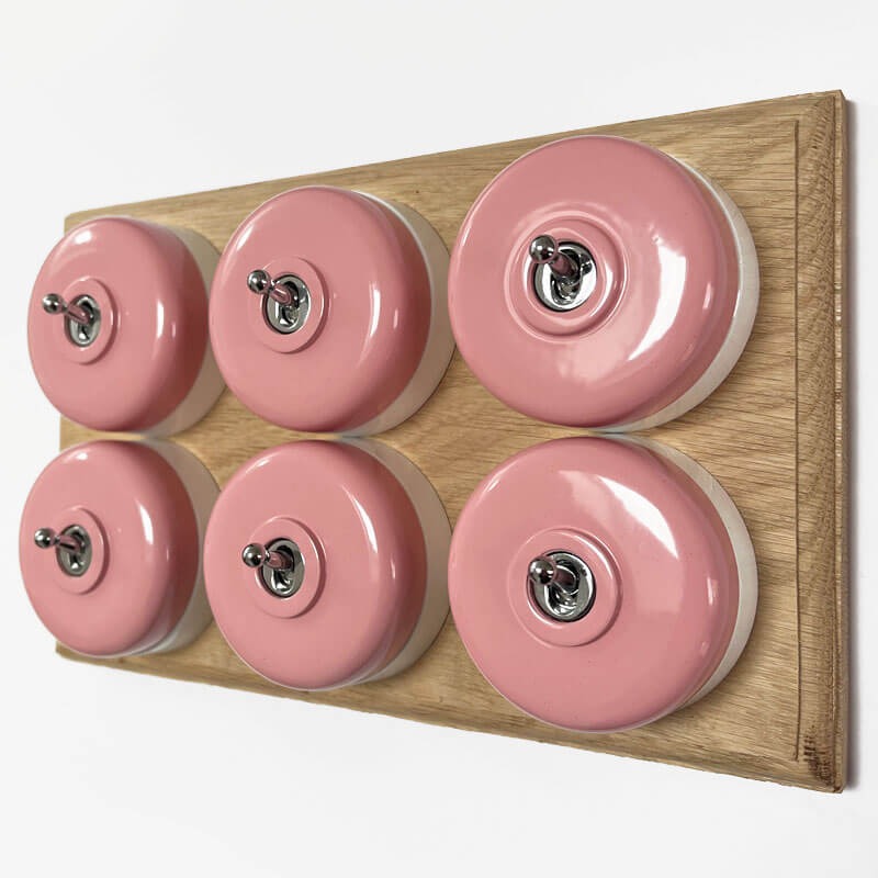 Round Dolly Light Switch 6 Gang Pink on Oak Pattress with White Mounts ...
