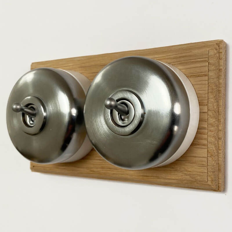 Round Dolly Light Switch on Oak Base Satin Chrome 2 Gang - Broughtons ...