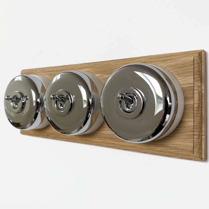 Round Dolly Light Switch 3 Gang on Oak Base Chrome White - Broughtons ...