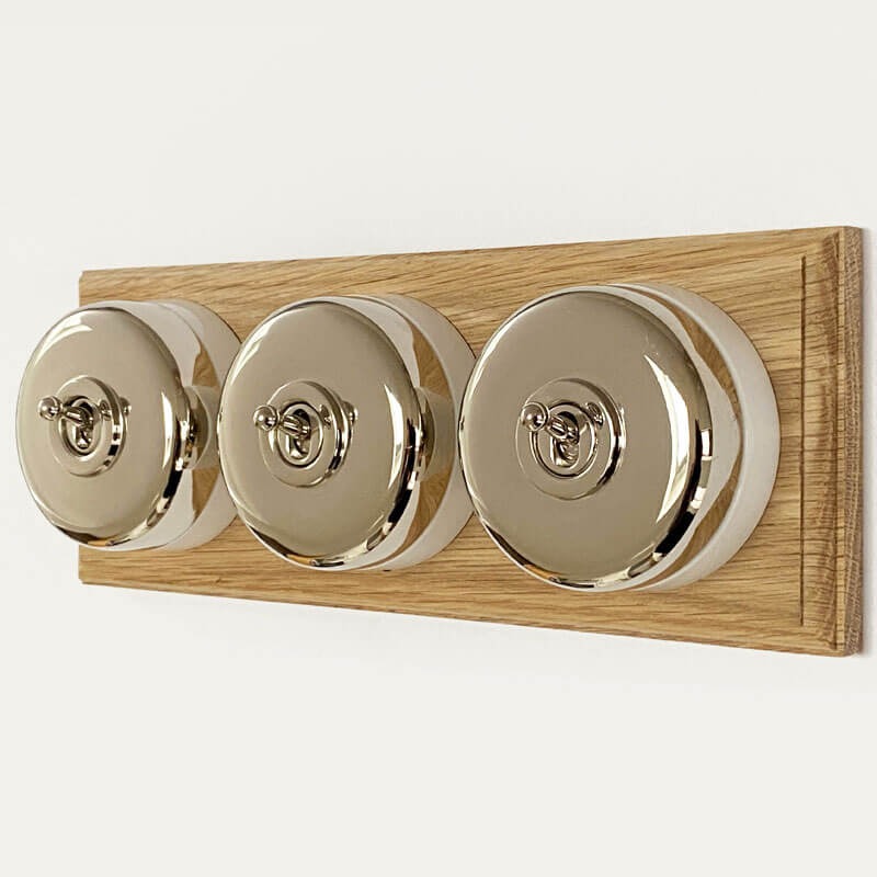 Round Dolly Light Switch 3 Gang on Oak Base Nickel White - Broughtons ...