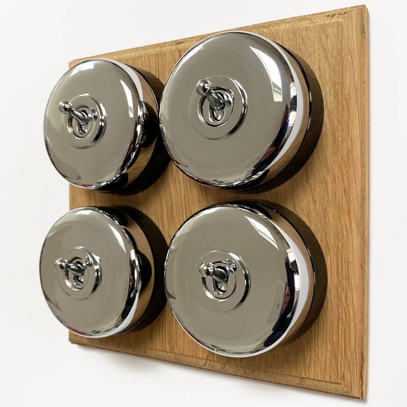 Round Dolly Light Switch 4 Gang on Oak Base Chrome Black - Broughtons ...