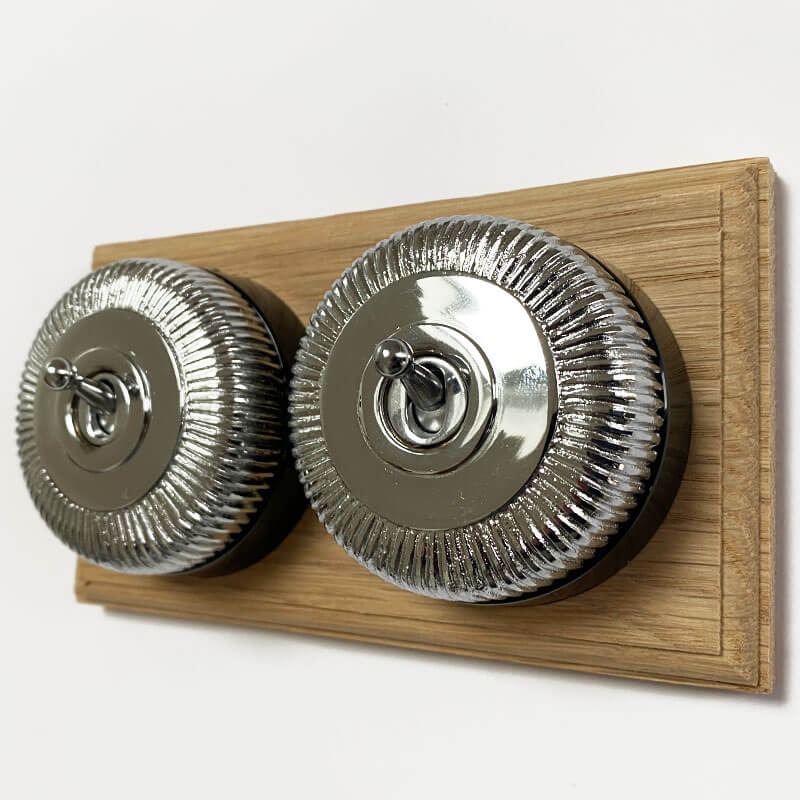 Reeded Round Dolly Light Switch on Oak Base Polished Chrome 2 Gang ... Reeded Round Dolly Light Switch on Oak Base Polished Chrome 2 Gang ...