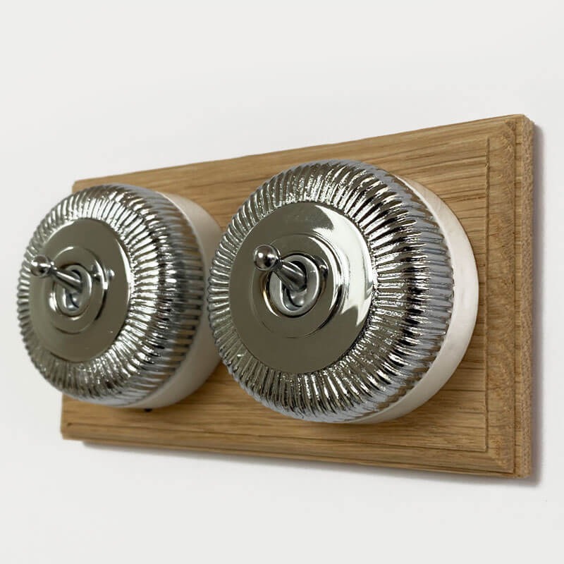 Reeded Round Dolly Light Switch on Oak Base Polished Chrome 2 Gang ... Reeded Round Dolly Light Switch on Oak Base Polished Chrome 2 Gang ...