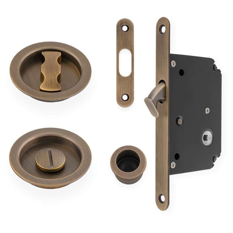 Sliding Door Lock Set Antique Brass - Broughtons Lighting & Ironmongery