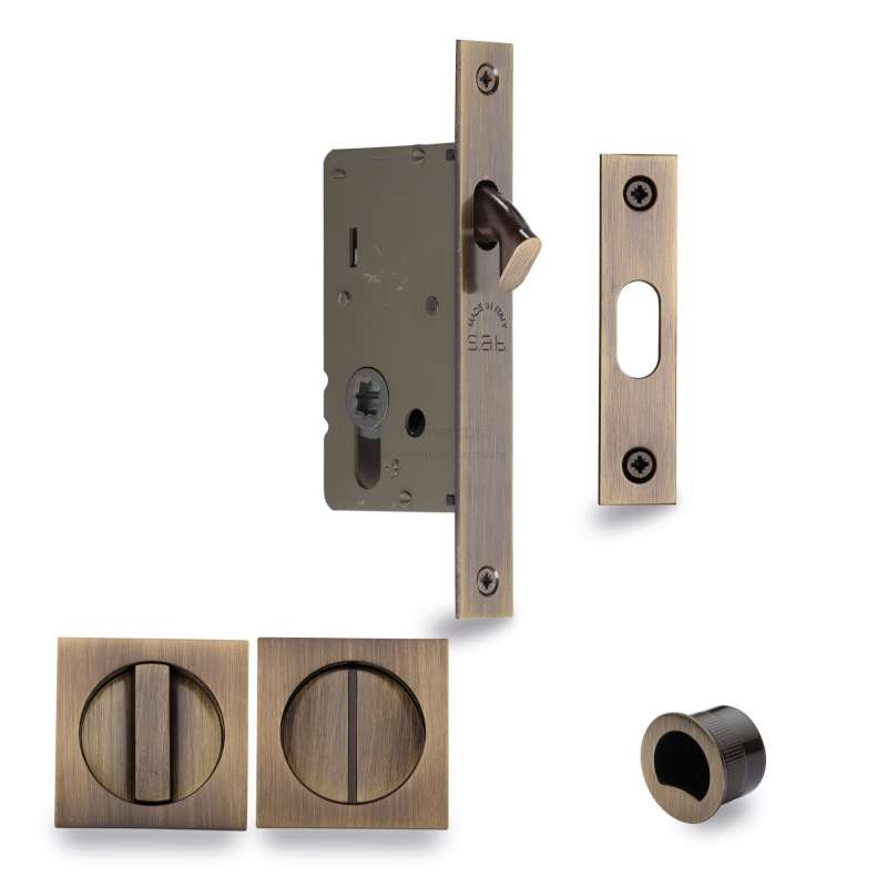 Heritage Pocket Door Privacy Set SQ2308 50mm Backset Antique Brass ...