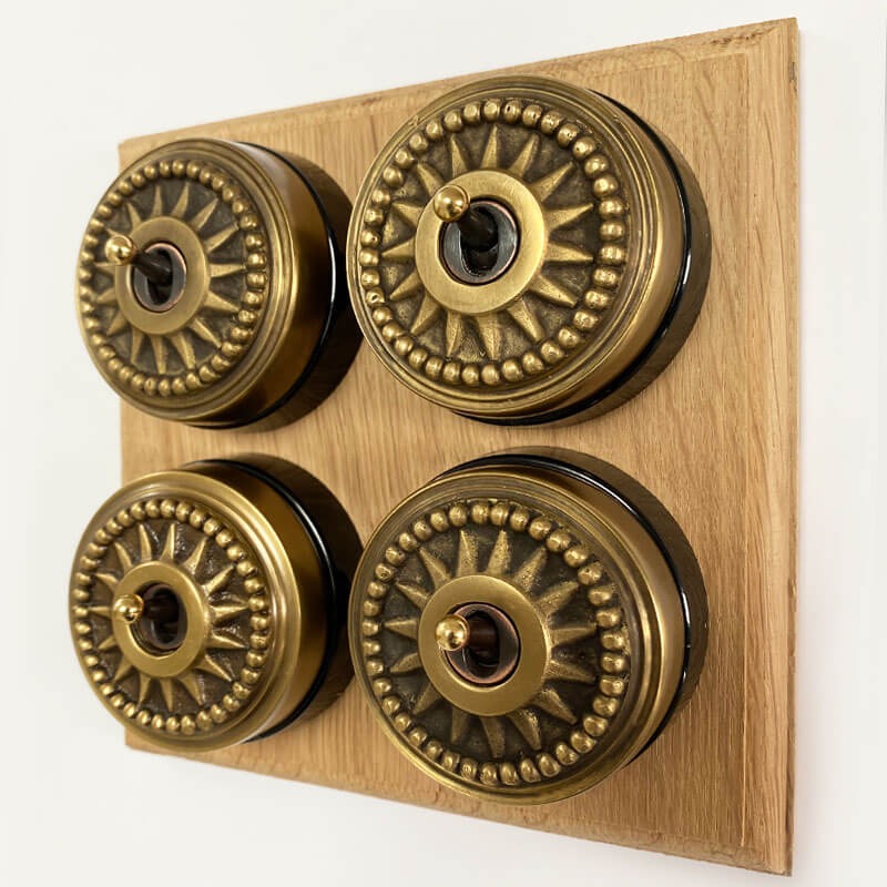 Star Round Dolly Light Switch 4 Gang on Wooden Base Antique Satin Brass ...