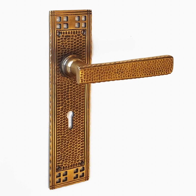 Arts & Crafts Door Handles Lock Plate Antique Satin Brass - Broughtons ...