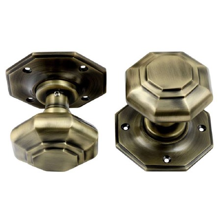 Octagonal Mortice Door Knobs Antique Brass Lacquered - Broughtons Lighting & Ironmongery
