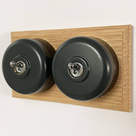 Round Dolly Light Switch 2 Gang Dark Grey on Oak Pattress with Black ...
