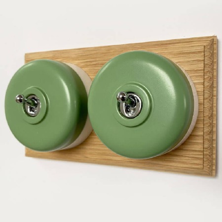 Round Dolly Light Switch 2 Gang Green on Oak Pattress with White Mounts ...