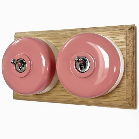 Round Dolly Light Switch 2 Gang Pink on Oak Pattress with White Mounts ...