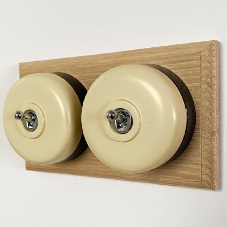 Round Dolly Light Switch 2 Gang Stone on Oak Pattress with Black Mounts ...