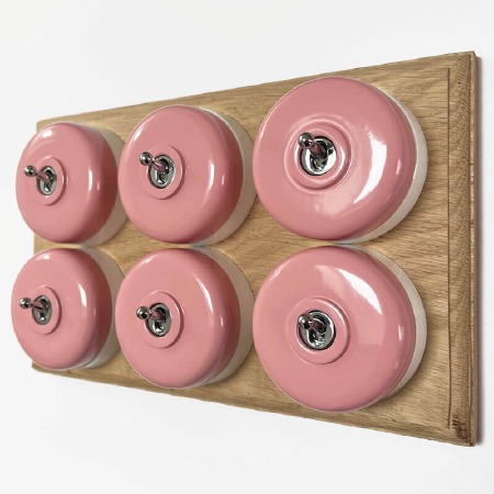 Round Dolly Light Switch 6 Gang Pink on Oak Pattress with White Mounts ...