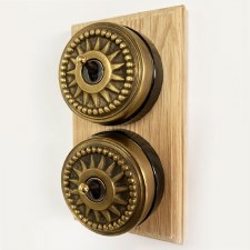 Star Round Dolly Light Switch on Wooden Base Antique Satin Brass 2 Gang ...