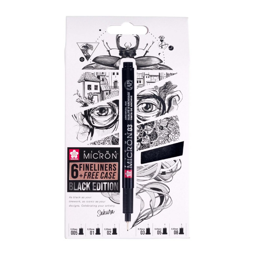 Sakura Pigma Micron Black Edition Set of 6 + Free Pen Case - K&M Evans Trading Ltd.