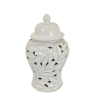 12" White Ceramic Openwork Leaf Vase With Lid - Wilford & Lee Home Accents