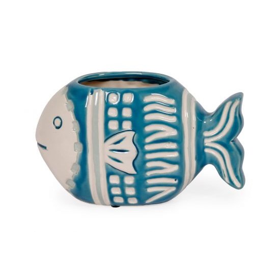 10" Blue and White Embossed Fish Shaped Ceramic Pot - Wilford & Lee ...