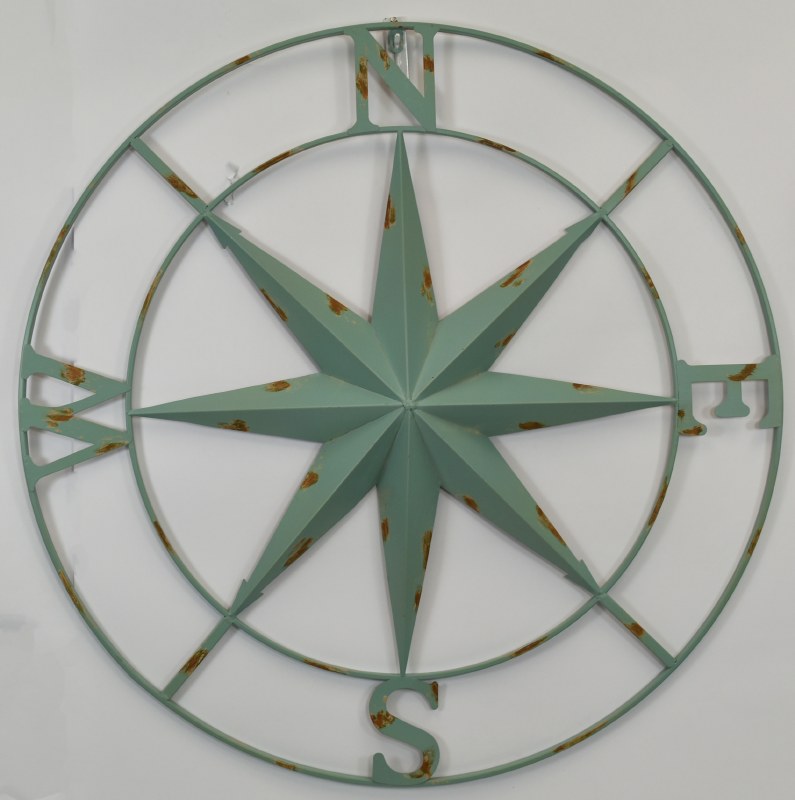 36" Round Distressed Blue Compass Rose Coastal Metal Wall Art Plaque ...