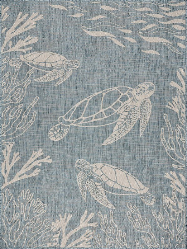 5.3' x 7' Aqua and White Turtle Seaside Rug - Wilford & Lee Home Accents