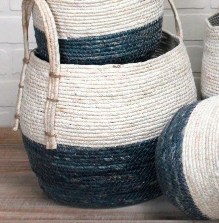 9" Blue and White Rope Basket With Handles - Wilford & Lee Home Accents