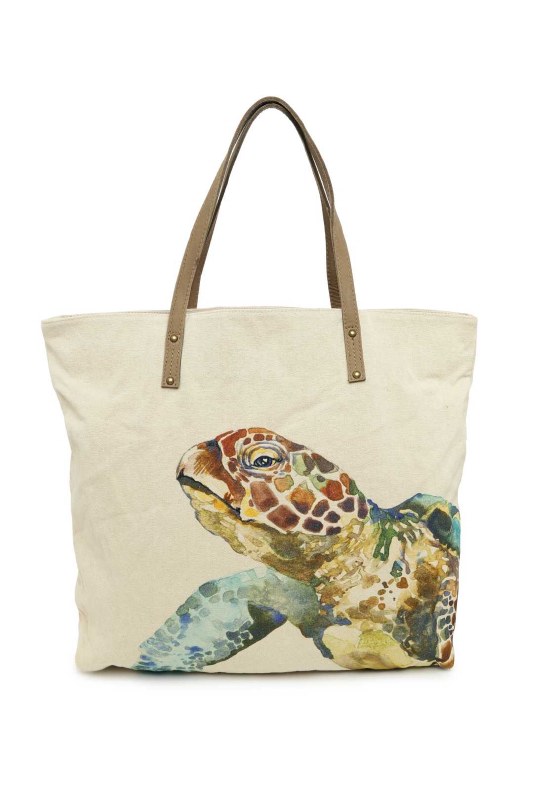20" Sea Turtle Canvas and Leather Tote Bag - Wilford & Lee Home Accents