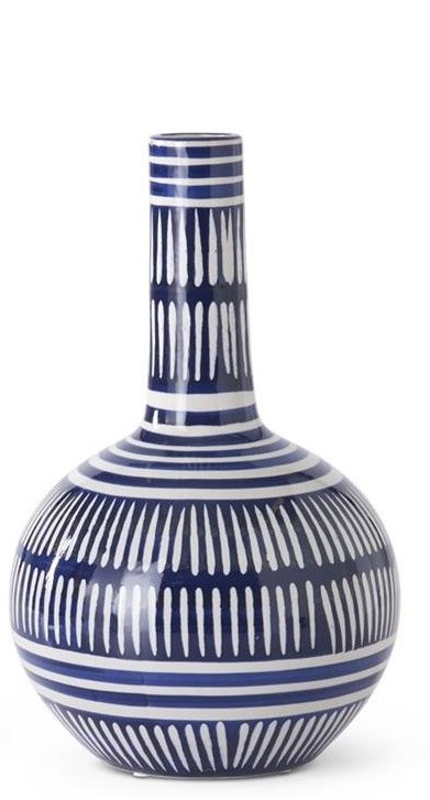Dark Blue and White Ceramic Lines Vase - Wilford & Lee Home Accents