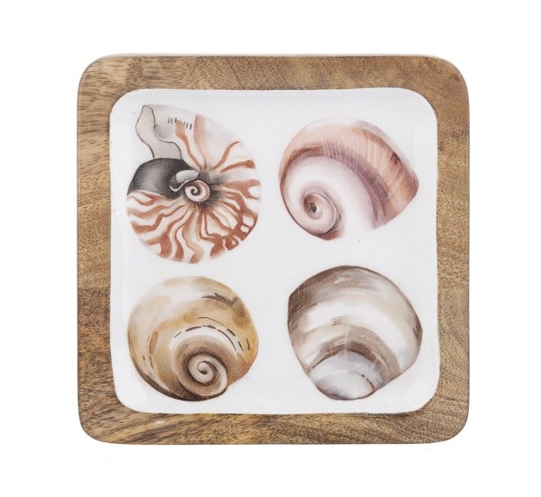 6" Square Four Nautilus Shells Wood Tray - Wilford & Lee Home Accents