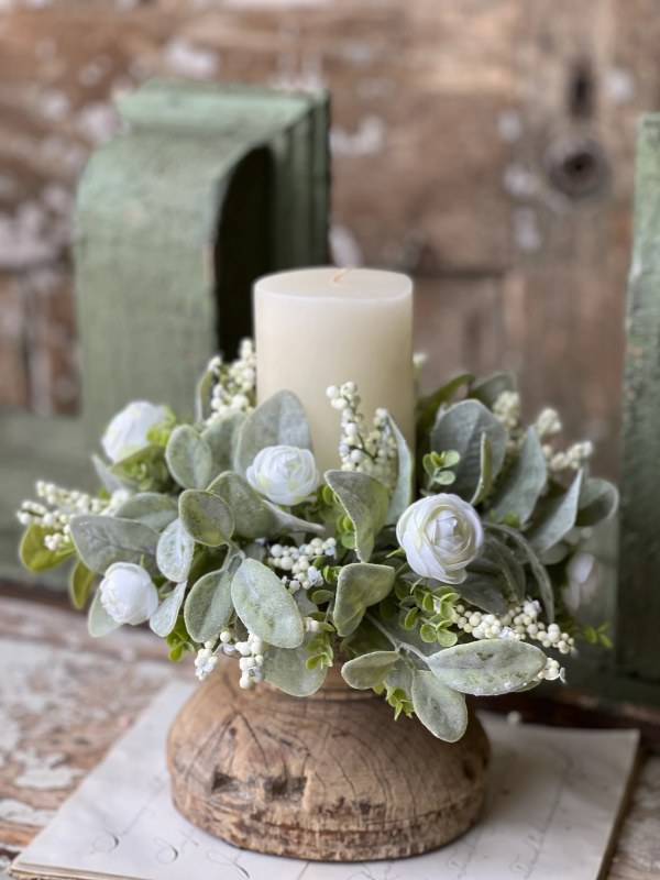 3" Opening Faux Cream Flowers and Frost Leaves Candle Ring - Wilford ...