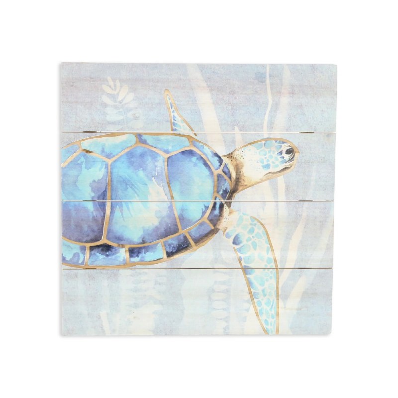 16" Sq Blue Sea Turtle With a Flipper Down Coastal Wall Art Plaque ...