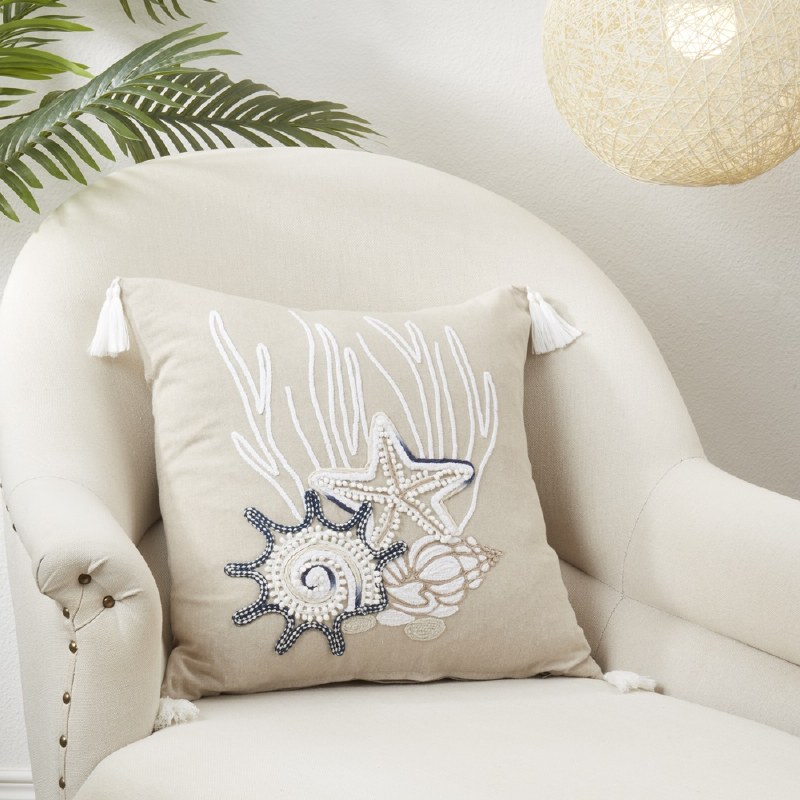 18" Sq Natural Sea Shells Decorative Pillow - Wilford & Lee Home Accents