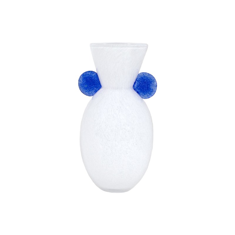 11" White Glass Vase With Two Blue Disk Handles - Wilford & Lee Home ...