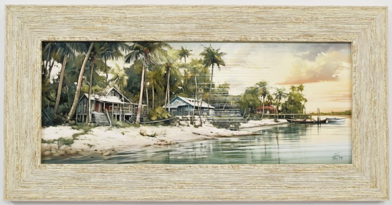 11" x 21" Sunset Haven Coastal Gel Textured Print in a Distressed Sand ...