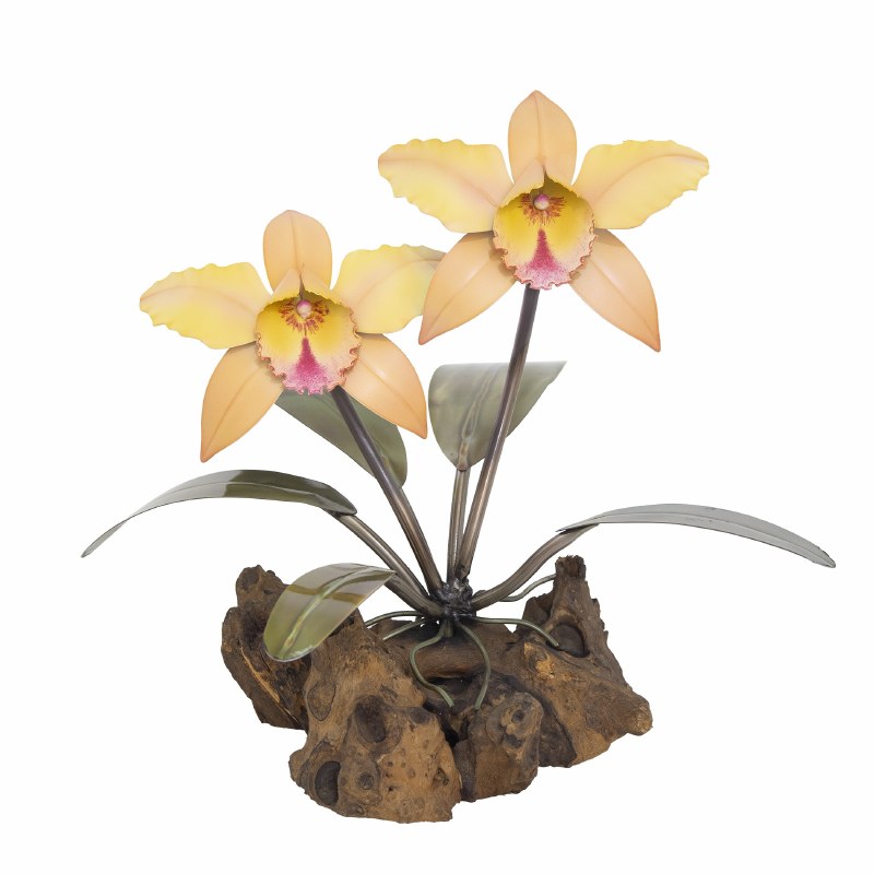 15" Peach and Yellow Metal Orchid on a Root Wood Base Sculpture MM084 ...