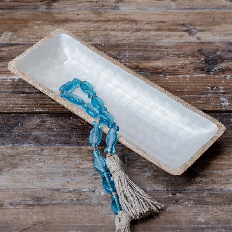 6" x 16" Brown and White Scallop Shell Pattern Coastal Wood Tray ...