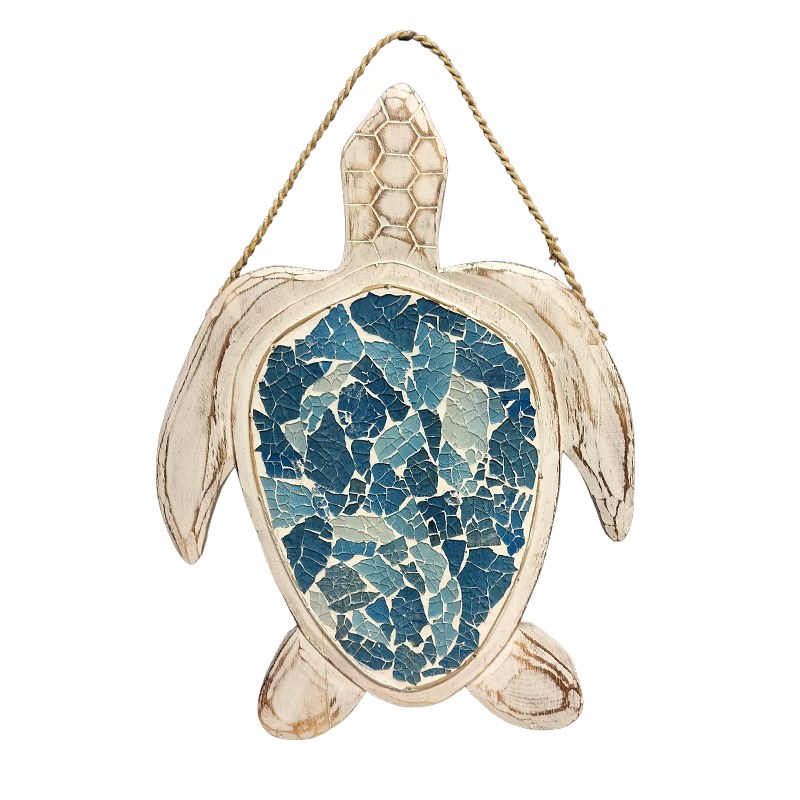 16" Distressed White and Blue Mosaic Sea Turtle Coastal Wood Wall Art ...