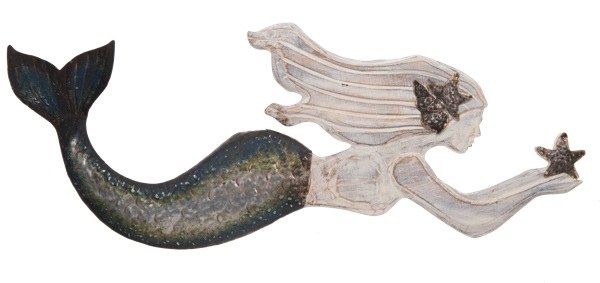 25" Distressed White and Bronze Wood and Metal Coastal Mermaid Wall Art ...